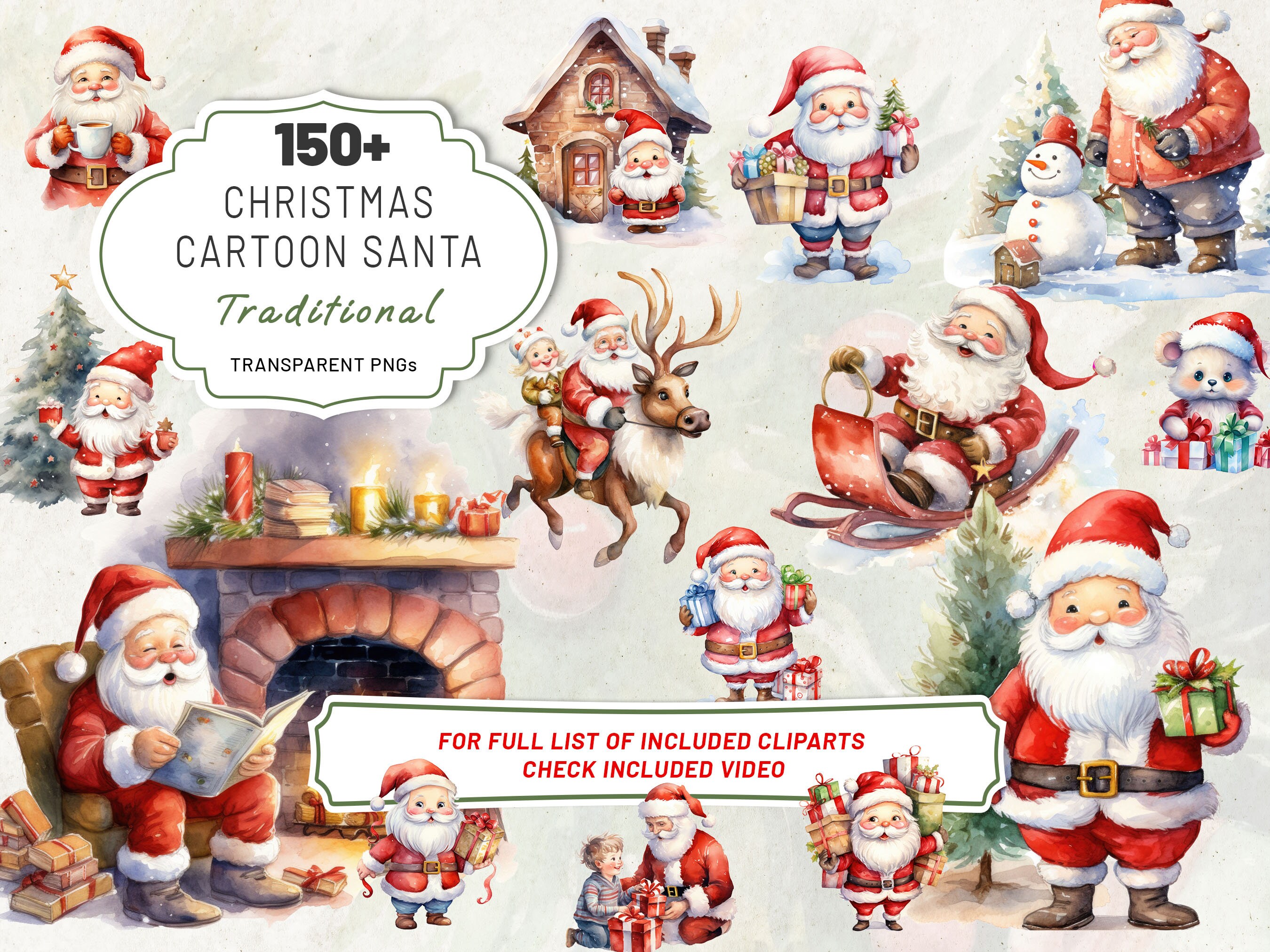Cute Cartoon Santa Clipart Bundle Includes 150 High Quality Transparent ...