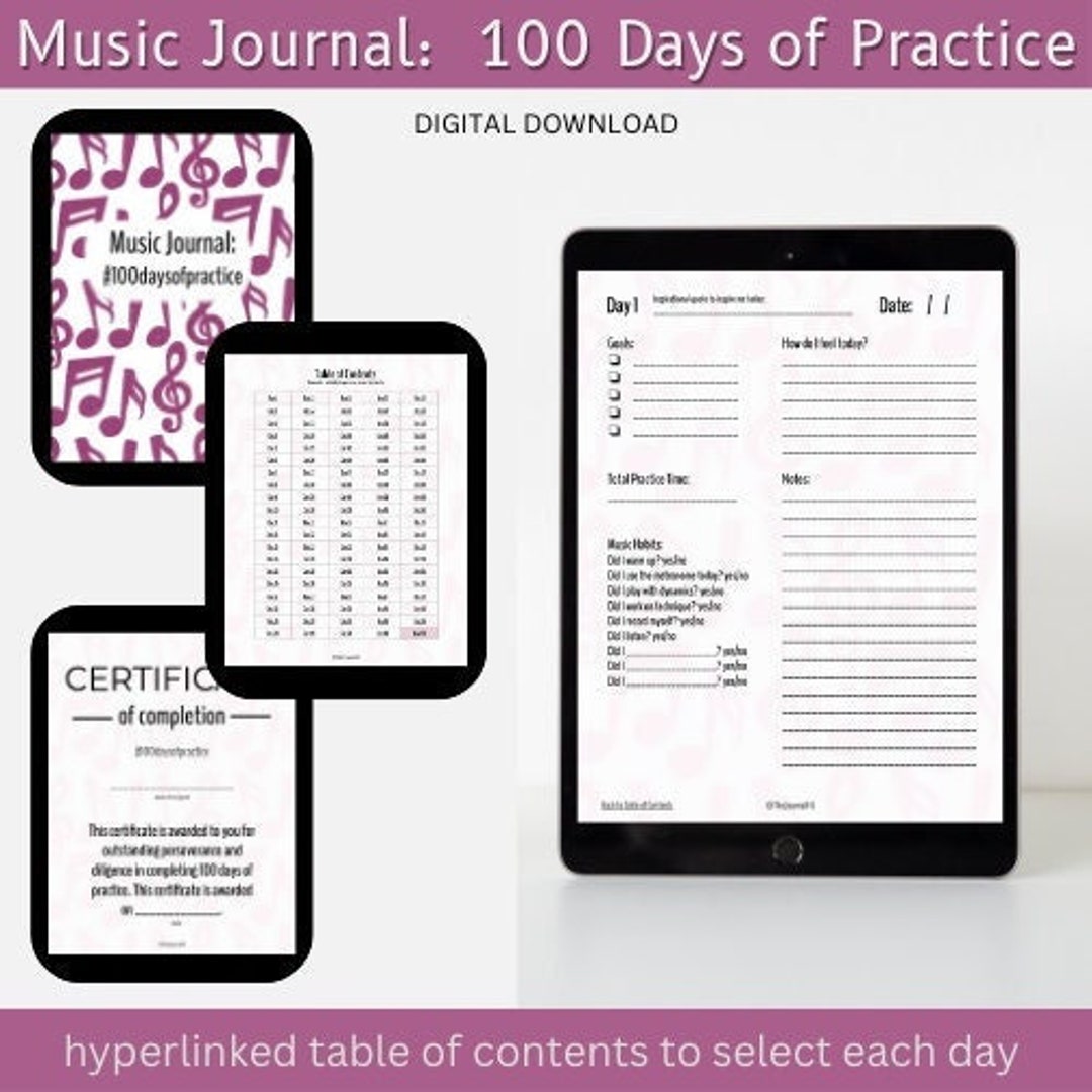 Music Journal: 100 Days of Practice Digital Music Practice Planner ...