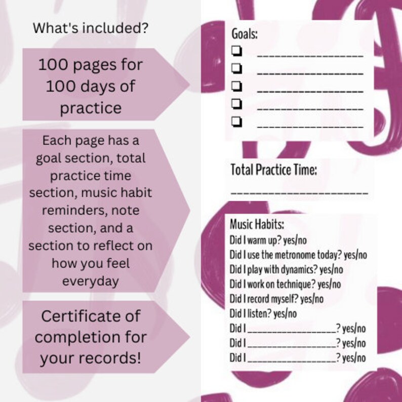 Music Journal: 100 Days of Practice Digital Music Practice Planner ...