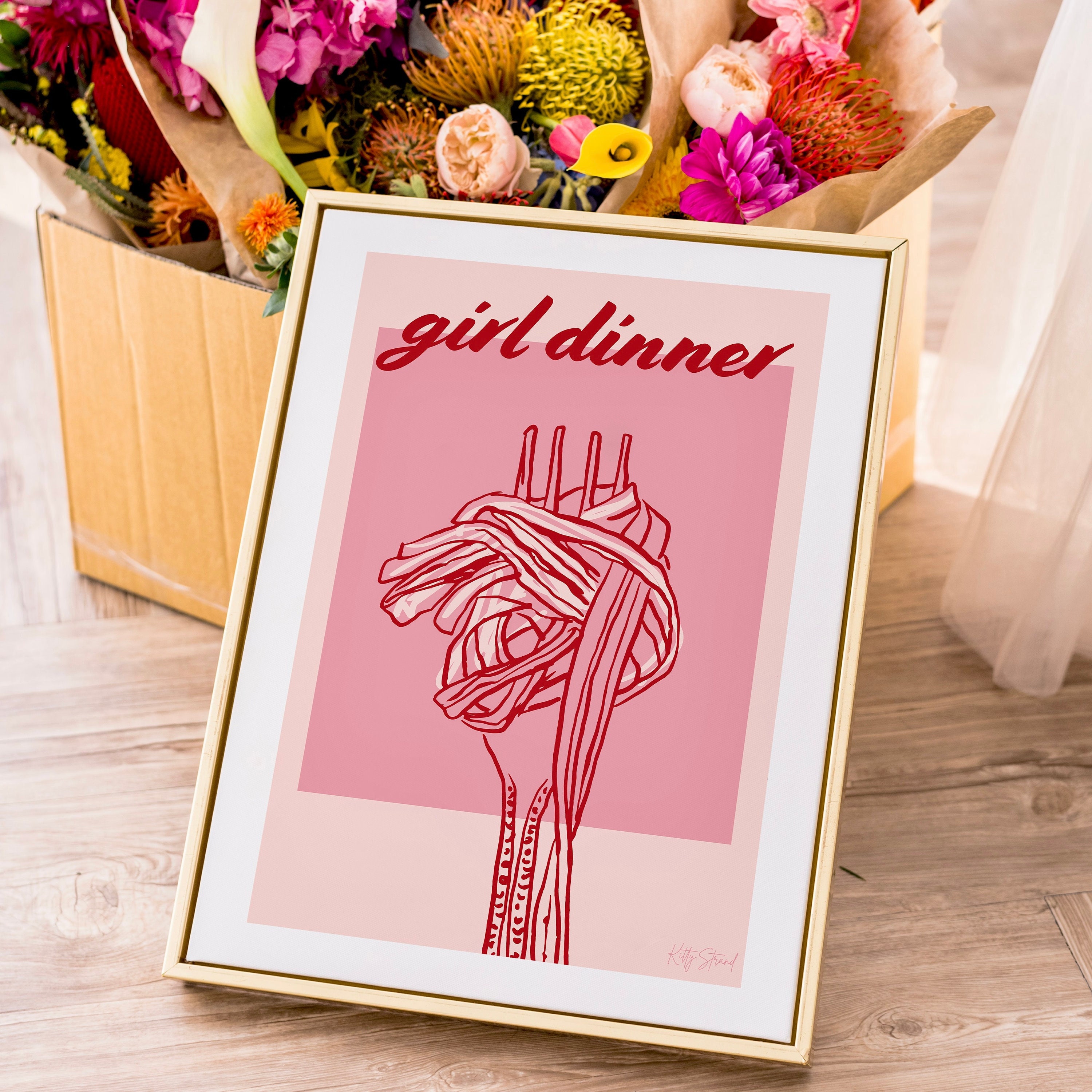 Printable Girl Dinner Art Print Pink Kitchen Art Pasta Poster Girl ...