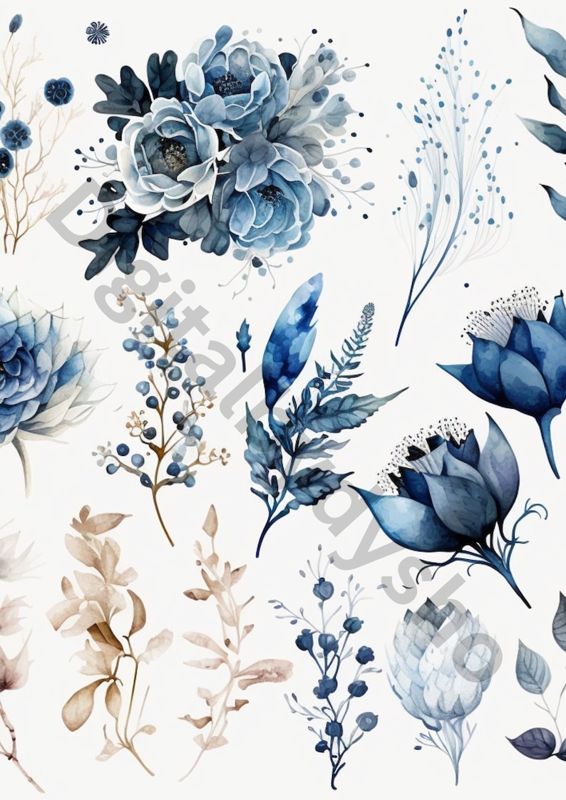 Blue Watercolor Floral Clipart Pack, Clip Art for Commercial Use, Blue ...