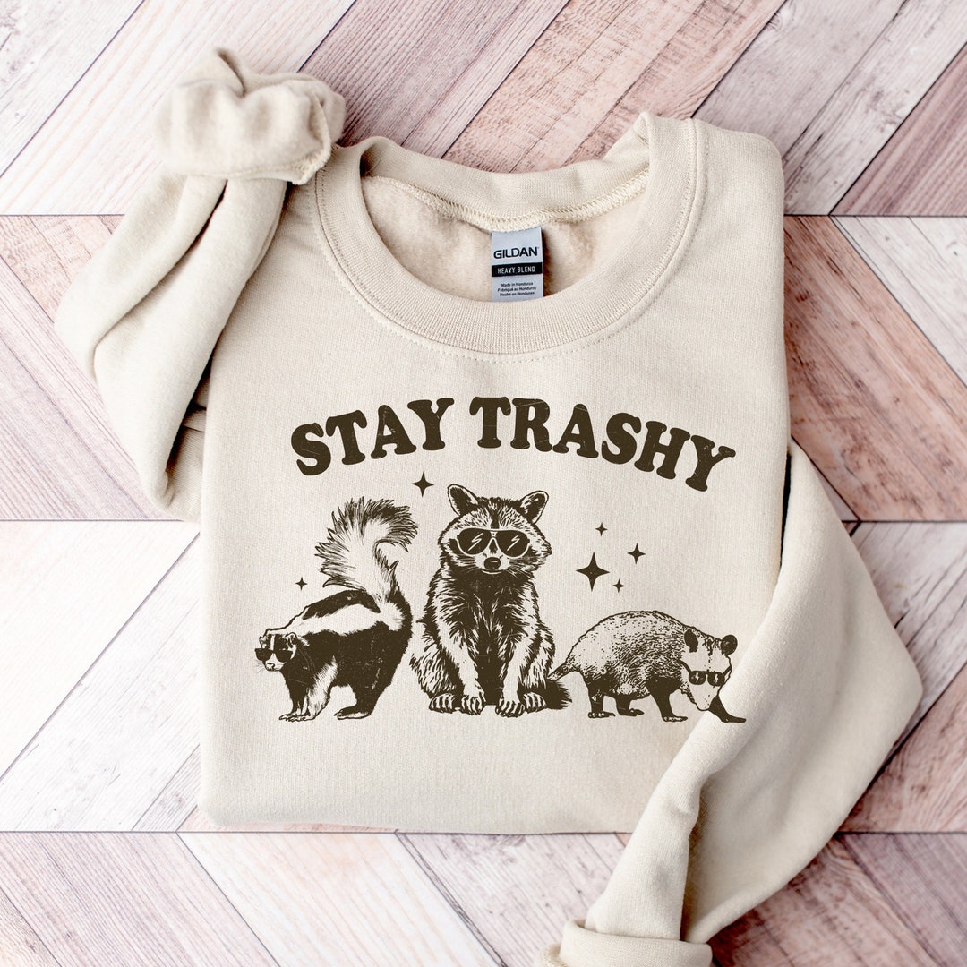 Funny Raccoon Stay Trashy Meme Sweatshirt, Retro Unisex Adult Crewneck ...