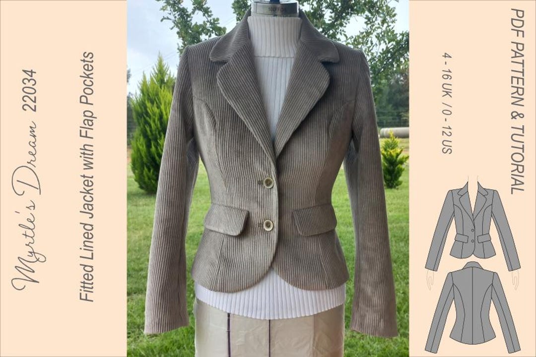 Fitted Lined Jacket Sewing Pattern With Flap Pockets (sizes 4–16 UK ...