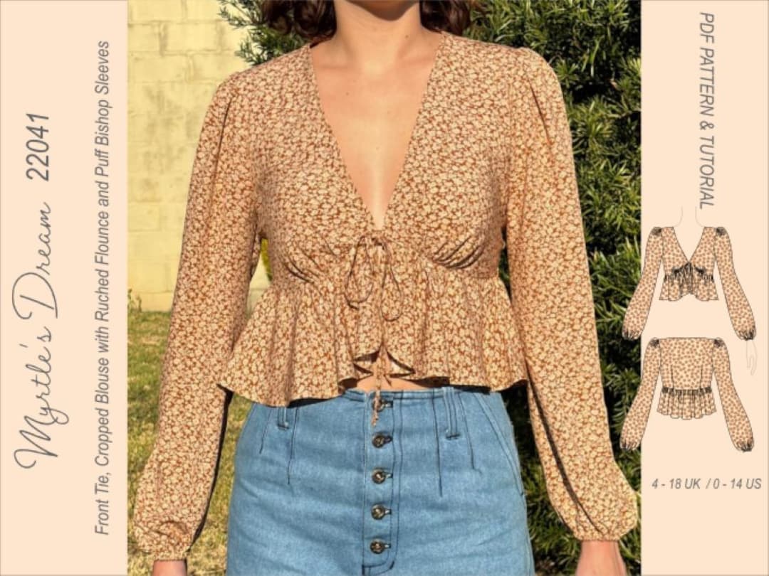 Empire Blouse Sewing Pattern: Puff Bishop Sleeves, Front Tie (PDF) - Etsy