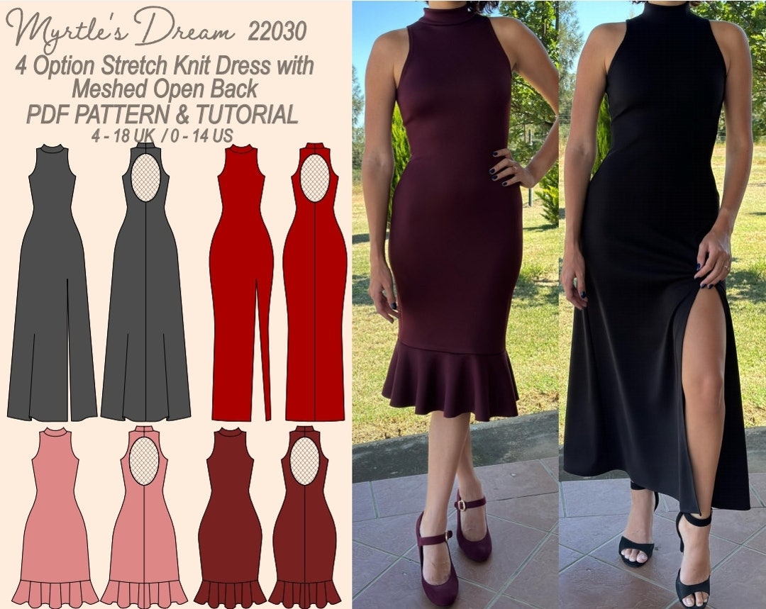 Pattern. Stretch Knit Dress With Turtleneck and Mesh Open Back. Easy to ...