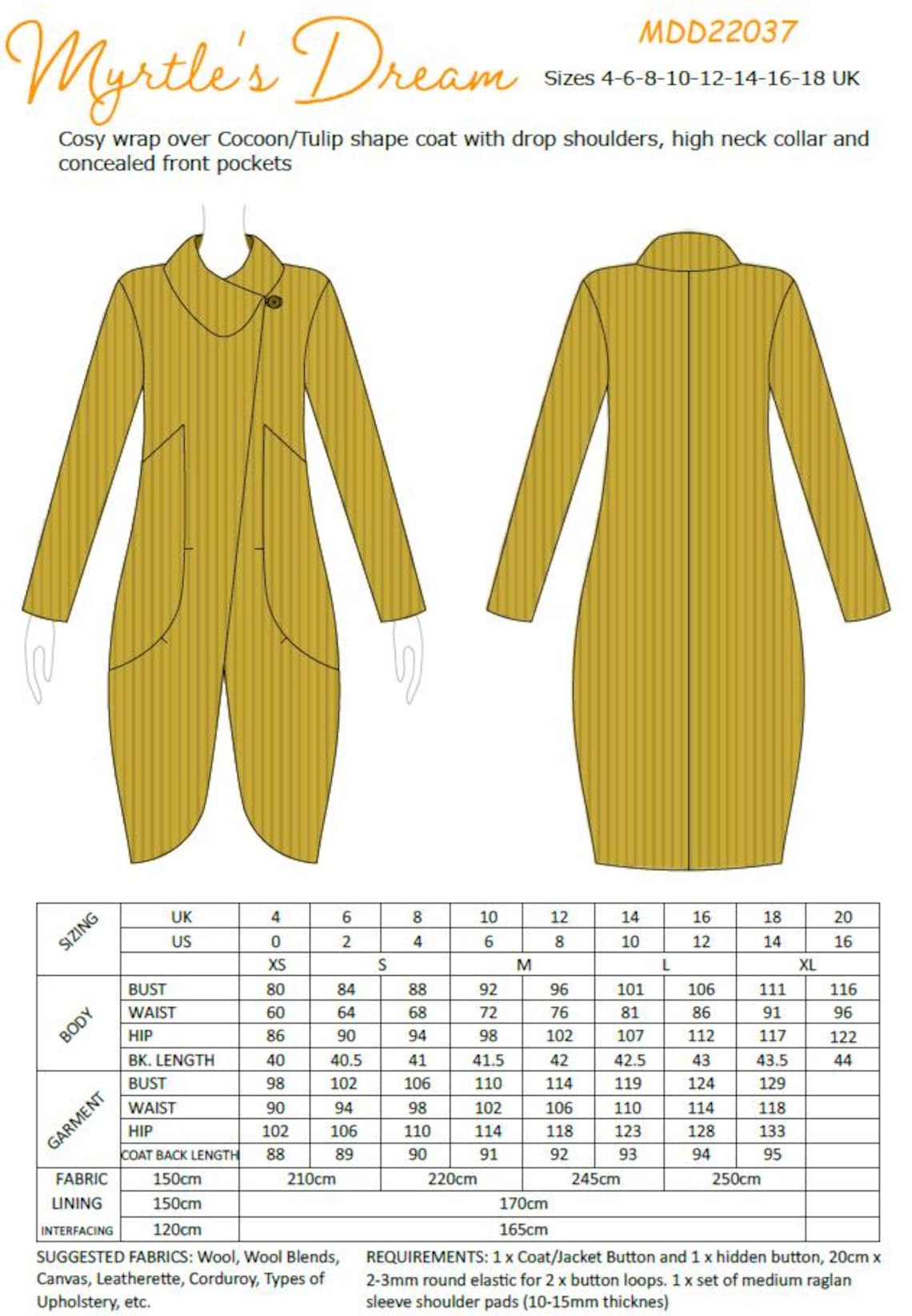 Cocoon Coat Lined Sewing Pattern: Drop Shoulder Design (sizes 4-18 UK ...