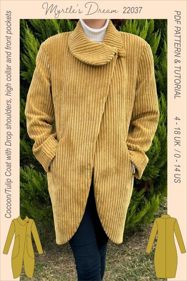 Pattern. Wrap Over Cocoon Shaped Coat With Drop Shoulders and Concealed ...