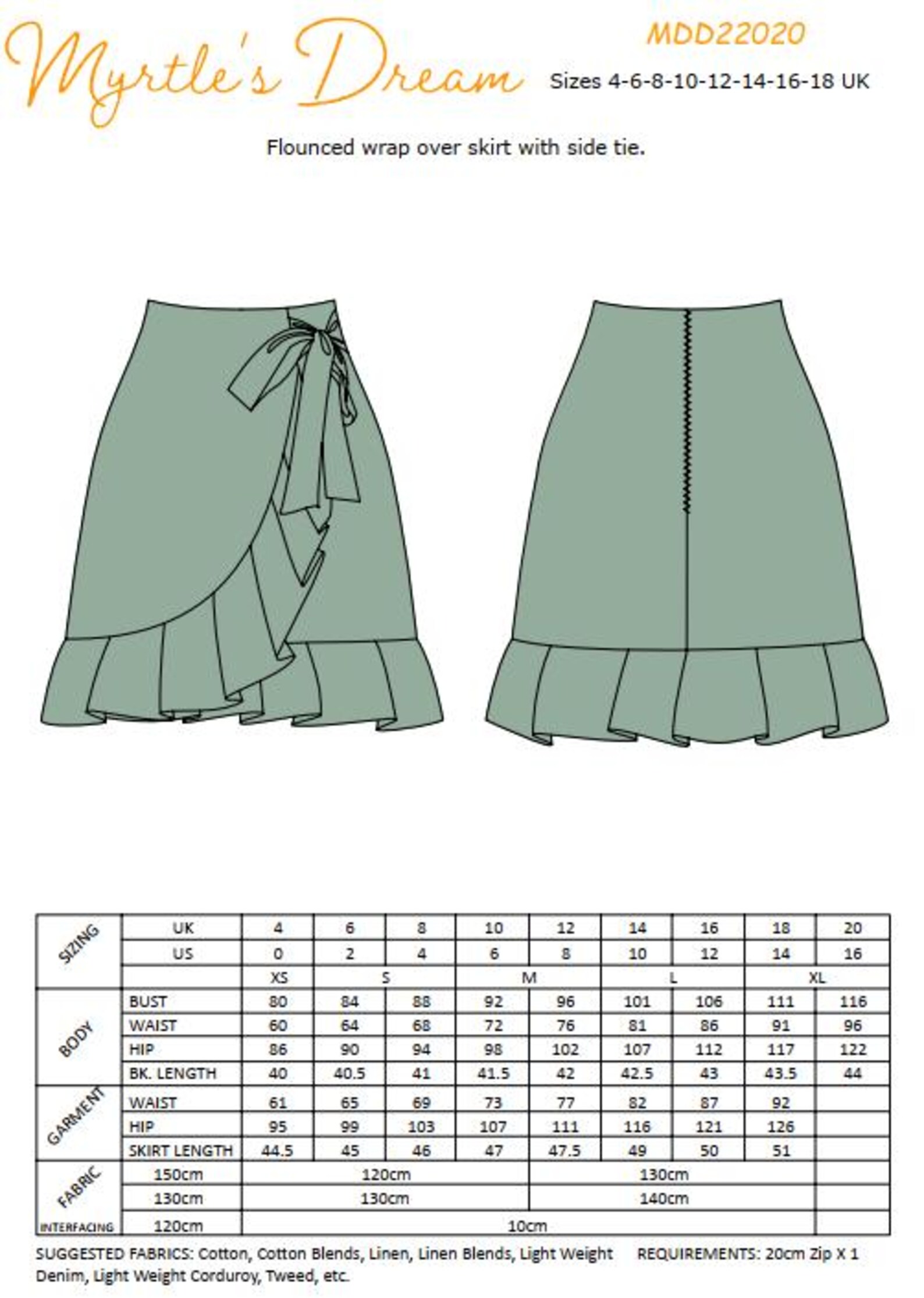 Pattern. Wrap Over Skirt With Flounce and Side Tie. in Sizes 4-18 UK ...