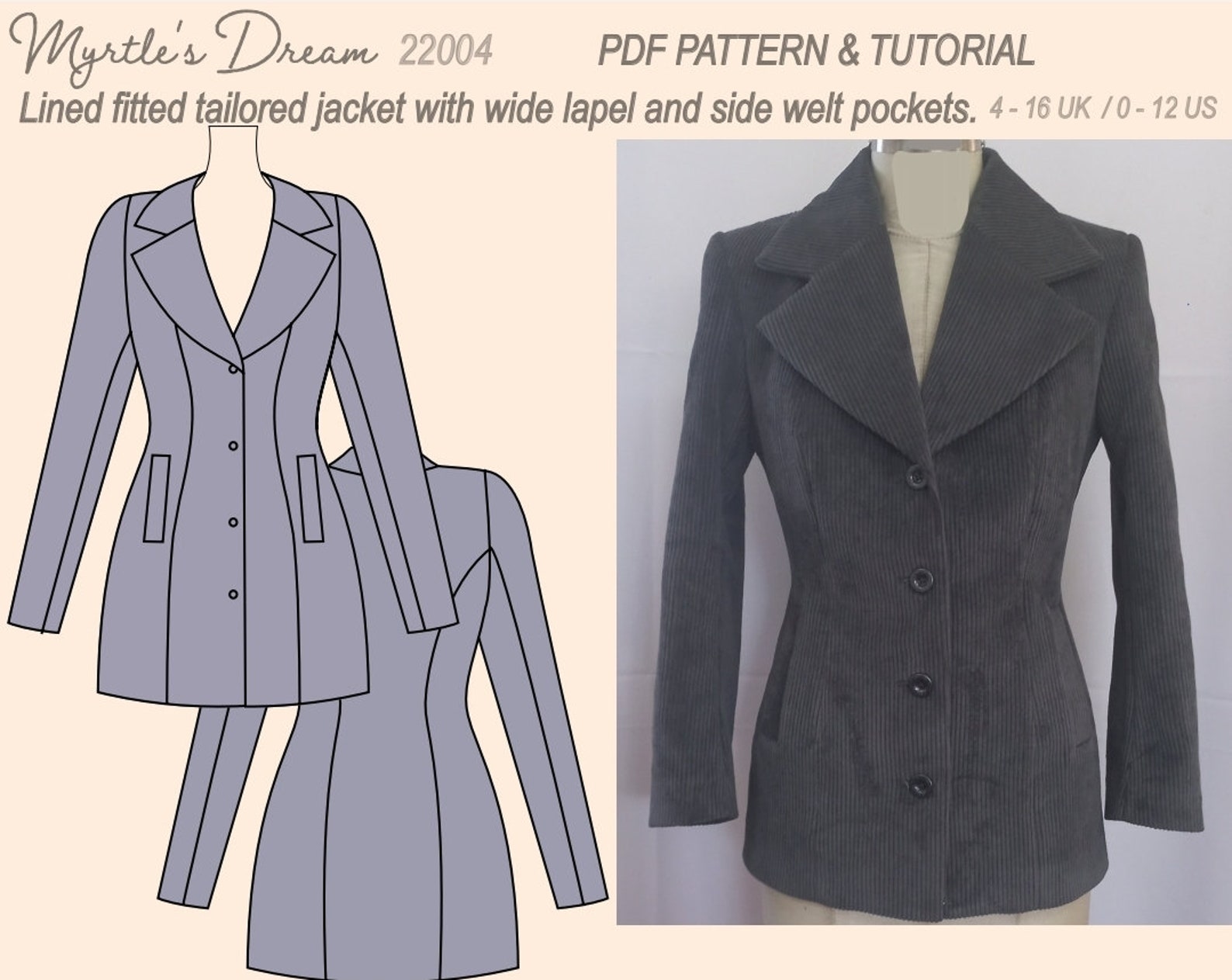 Pattern. Fitted Lined Tailored Jacket With Wide Lapel and Side Welt ...