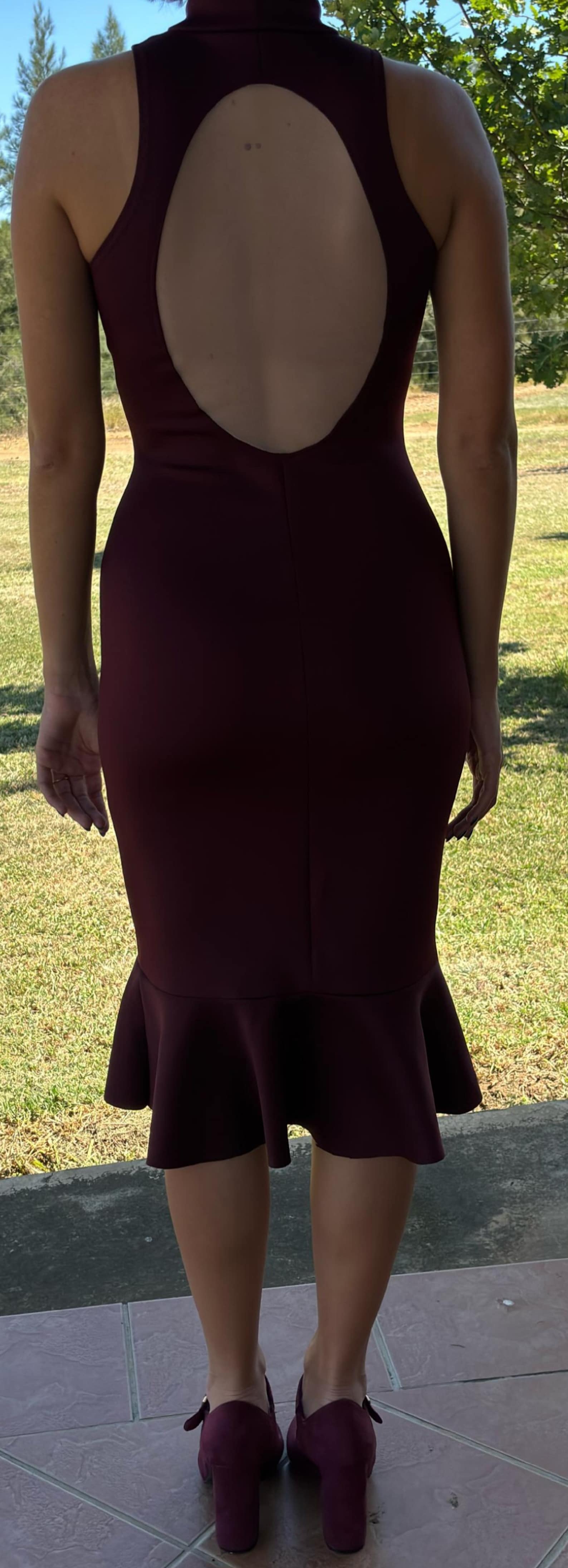 Pattern. Stretch Knit Dress With Turtleneck and Mesh Open Back. Easy to ...