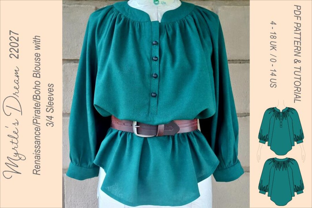 Retro Boho Blouse Sewing Pattern: With 3/4 Raglan Sleeves, Collar and ...