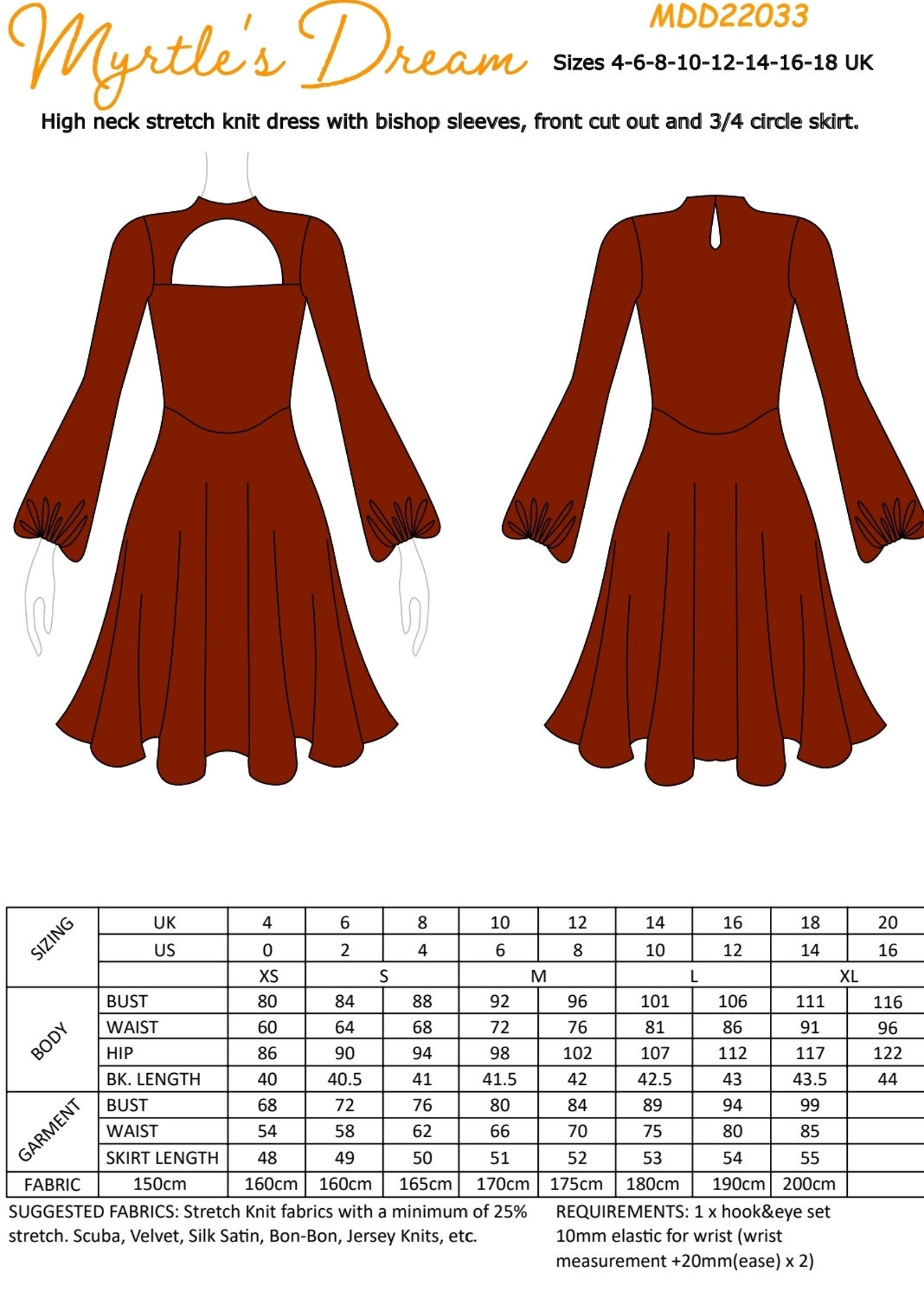 Stretch Knit Mini Dress Sewing Pattern: High Neck, Bishop Sleeves (PDF ...