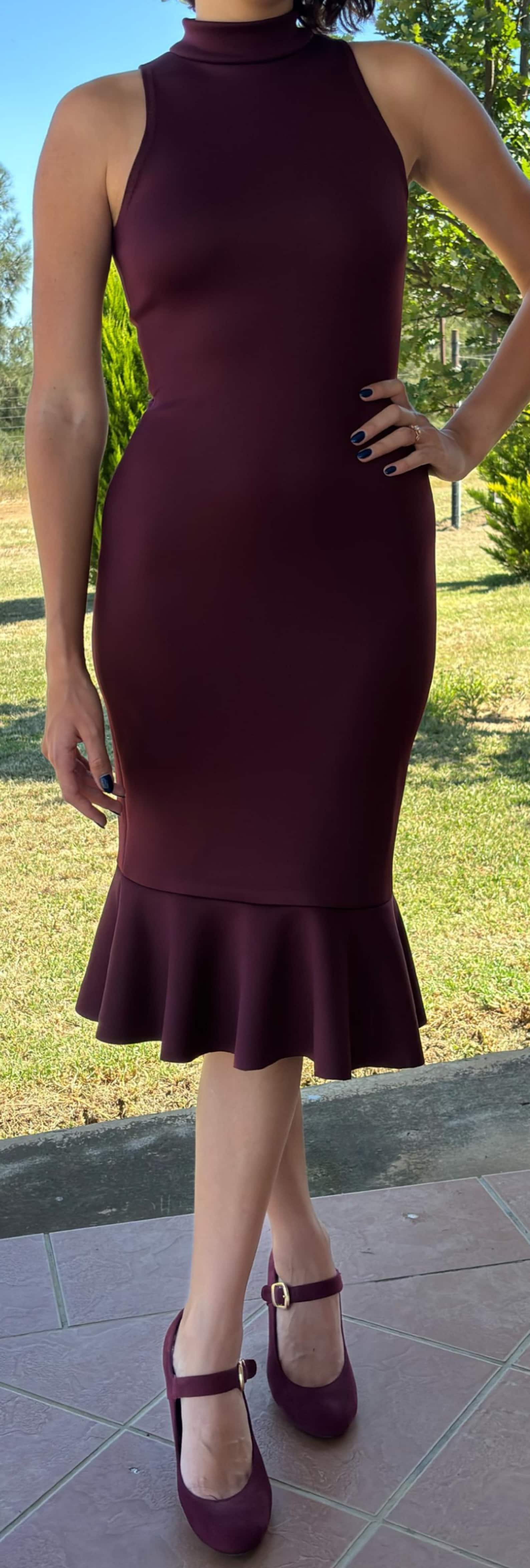 Pattern. Stretch Knit Dress With Turtleneck and Mesh Open Back. Easy to ...