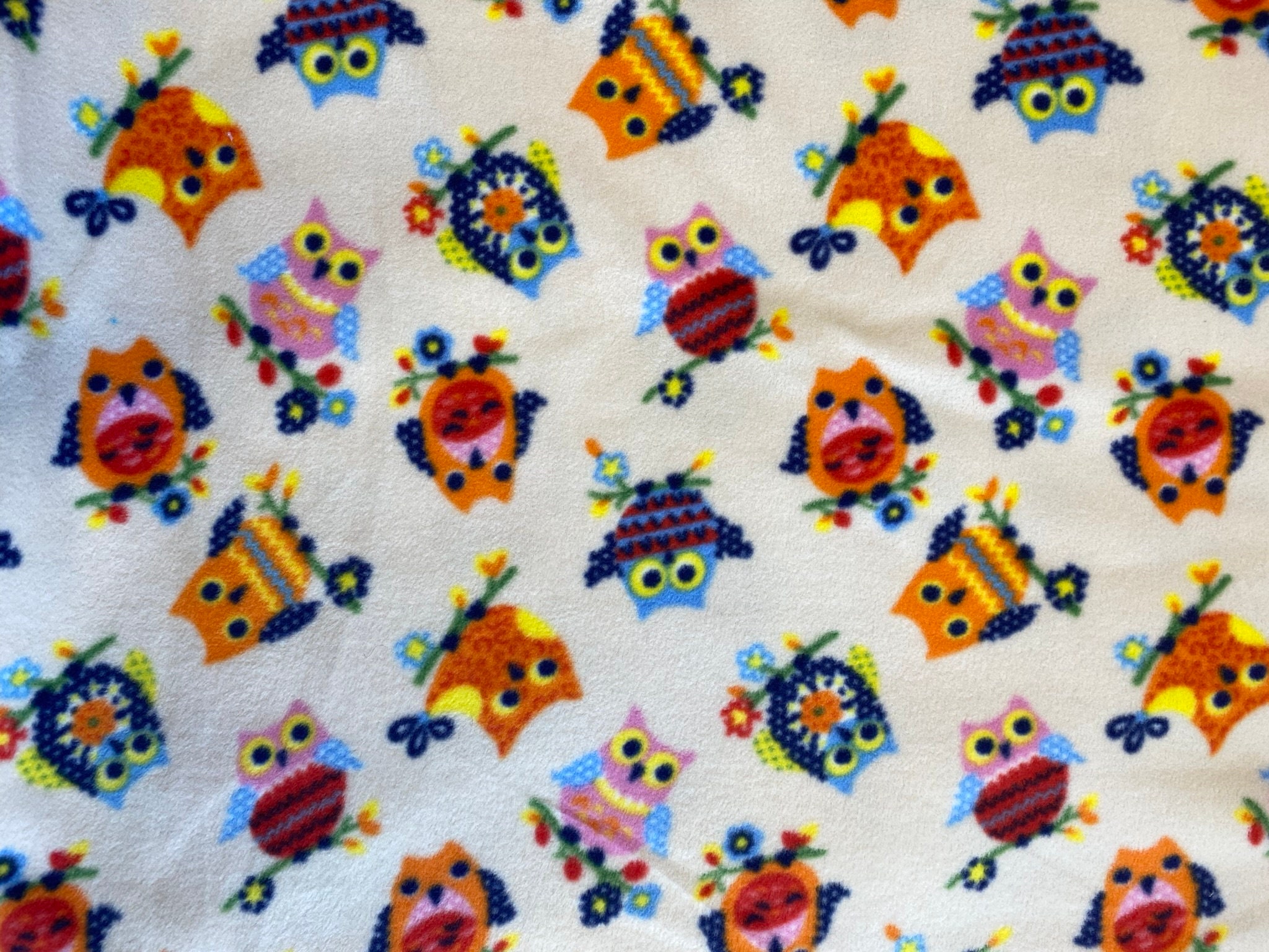 POLAR FLEECE: Multicolour Owls and Branches on Beige Fleece Fabric - Etsy