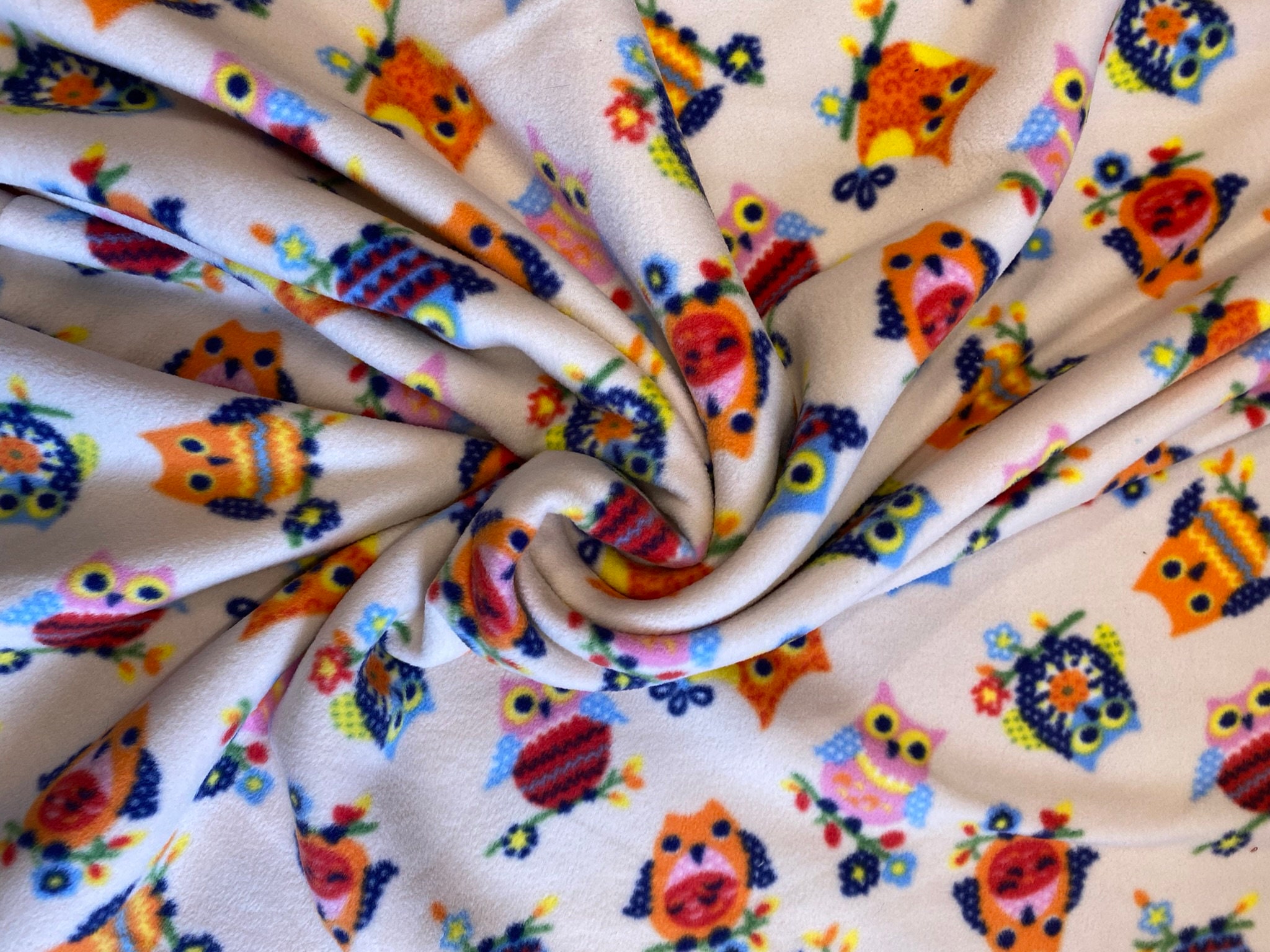 POLAR FLEECE: Multicolour Owls and Branches on Beige Fleece Fabric - Etsy