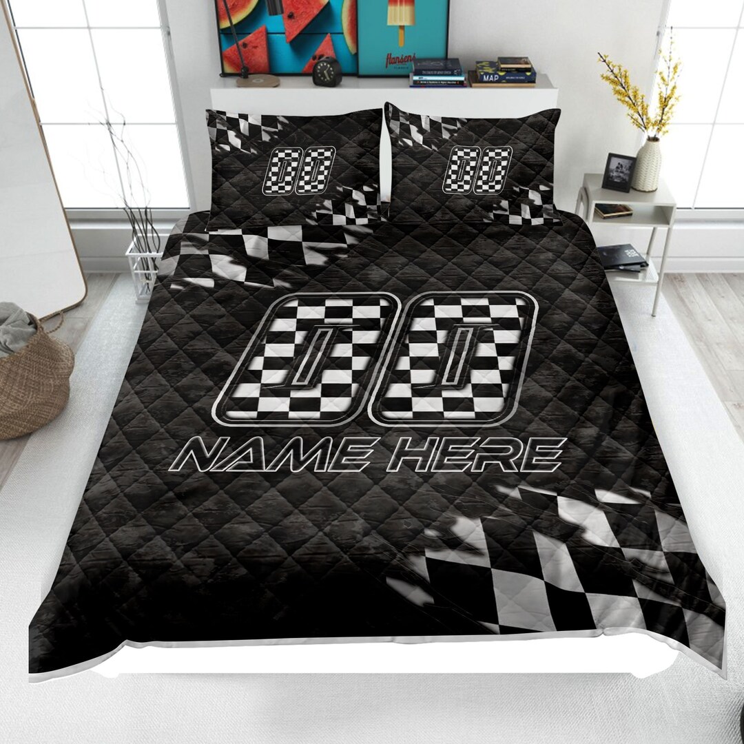 Personalized Racing Quilt Set Checkered Flag Quilt Blanket & - Etsy