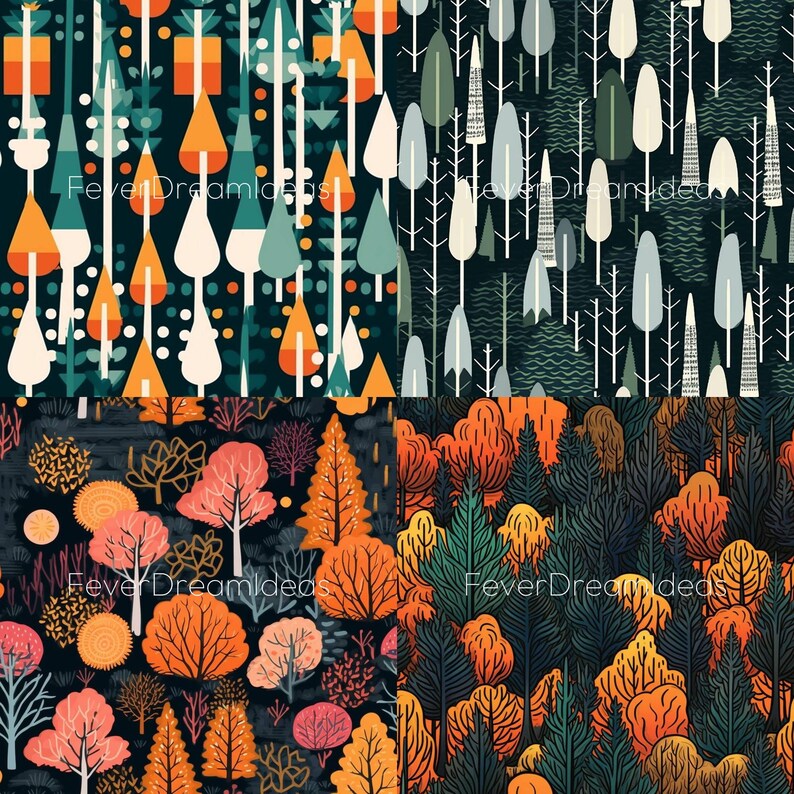 Seamless Tree Forest Patterns 16 Patterns Digital Paper, Different Tree ...