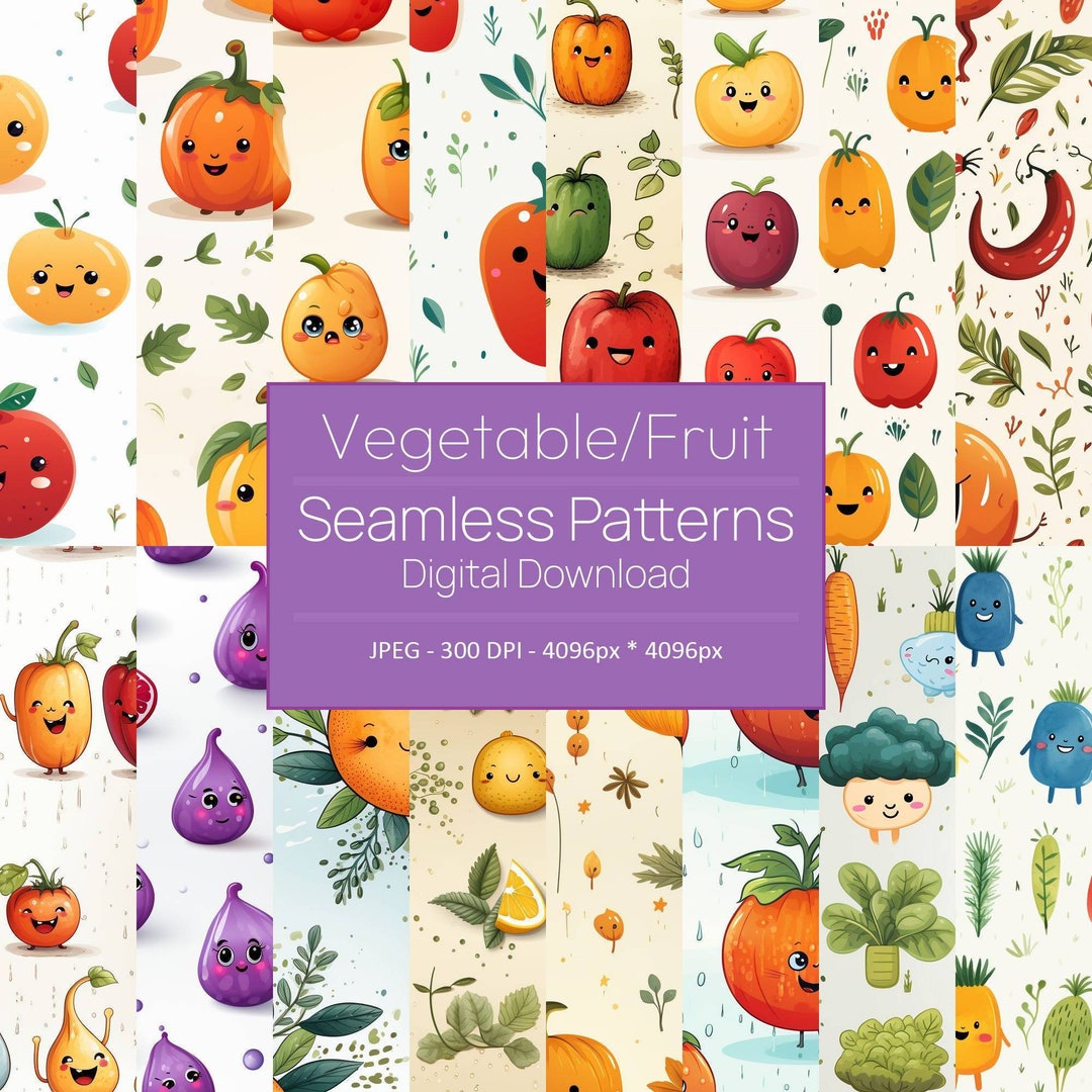 Happy Fruits Vegetables Seamless Patterns 16 Digital Paper, Different ...