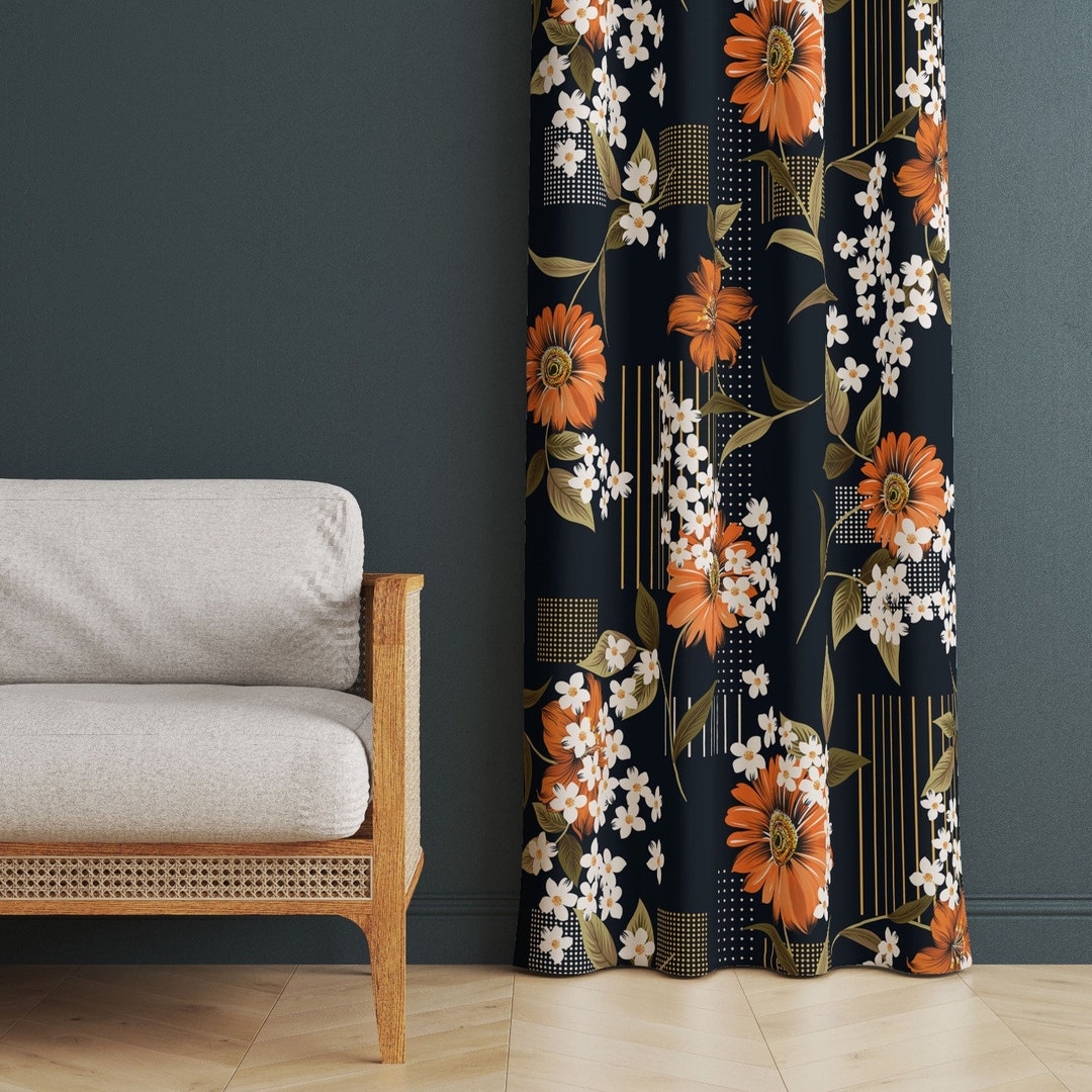Vintage Style Floral Curtain, Colorful Floral Patterned Home Curtains Black Ground, White Floral ...