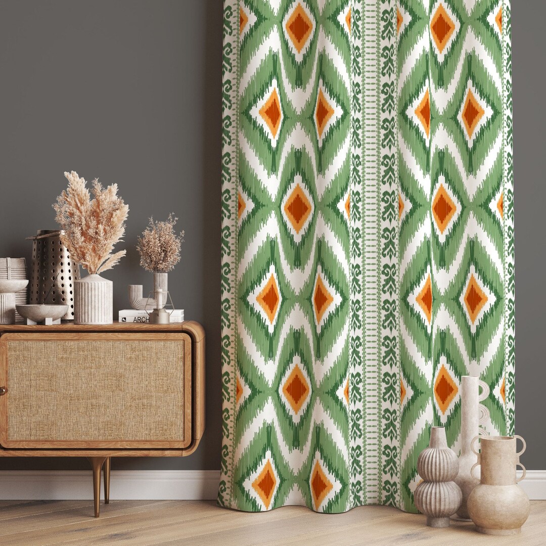 Green Ikat Curtains, Light Green Ethnic Decor Living Room Curtains ...