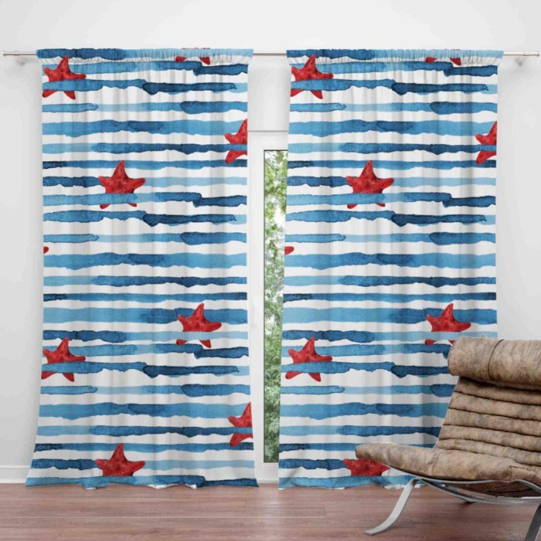 Red Starfish Curtain, Coastal Themed Curtains, Blue Starfish Drapery ...