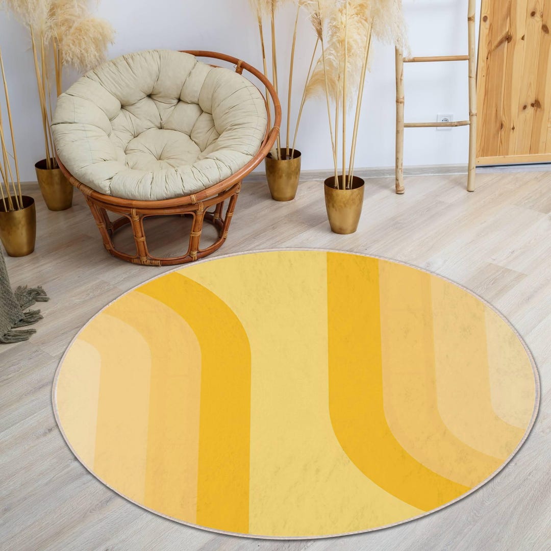 Yellow Retro Rugs, Boho Patterned Retro Style Round Carpet, Boho Style ...