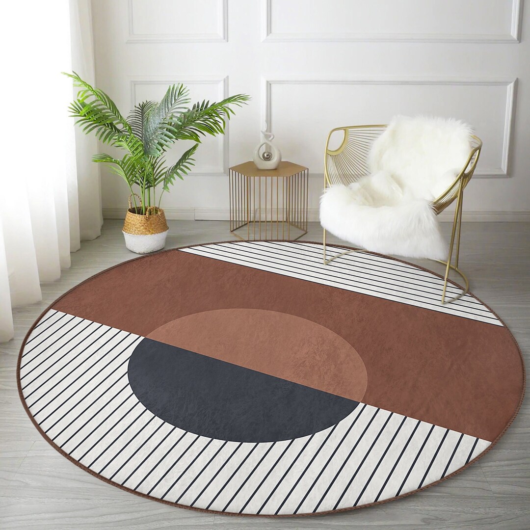 Brown Abstract Round Area Rug, Boho Brown Circle Rug, Boho Oval Mat ...