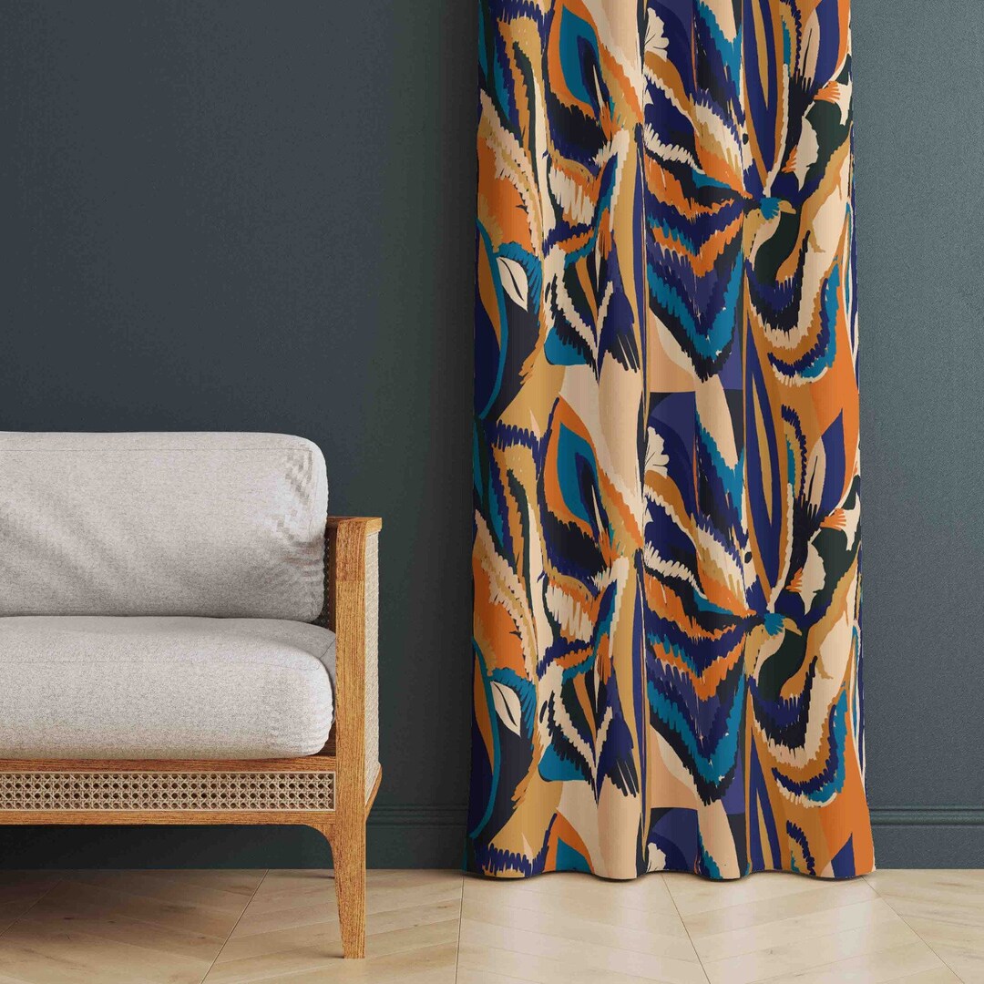 Ikat Style Abstract Curtains, Botanical Abstract Drape, Colourful ...