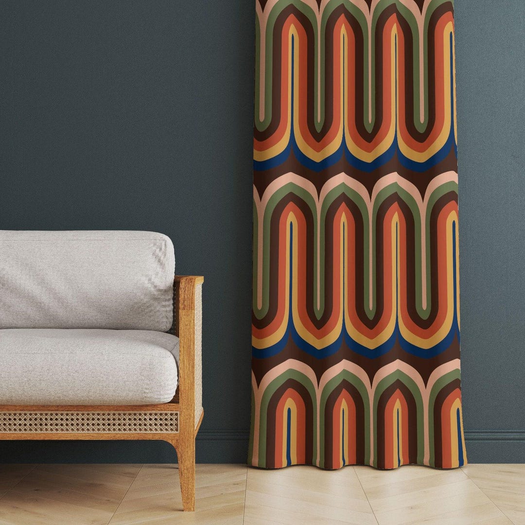 Retro Curtains, Colourful Abstract Patterned Retro Style Living Room ...