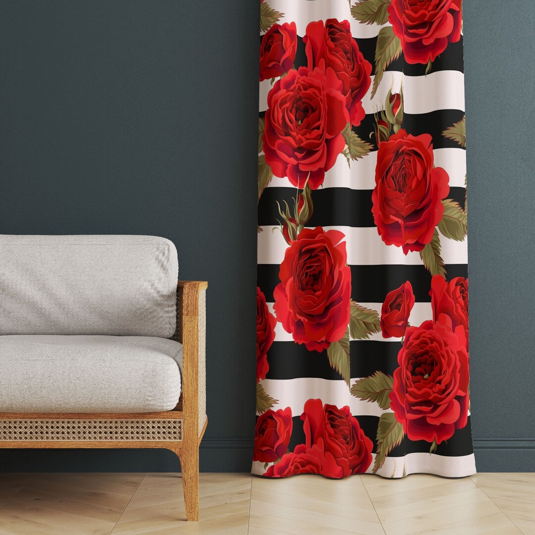 Red Rose Patterned Curtains for Floral Decor, Red Flower Patterned ...