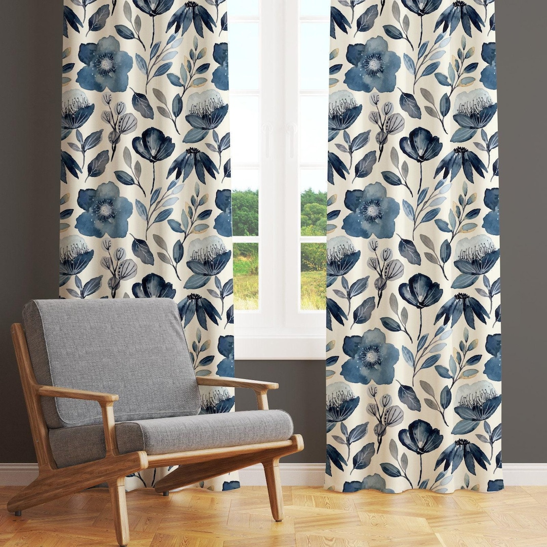 Blue Flower Curtains, Vintage Curtains, Blue Floral Drapes, Elegant ...