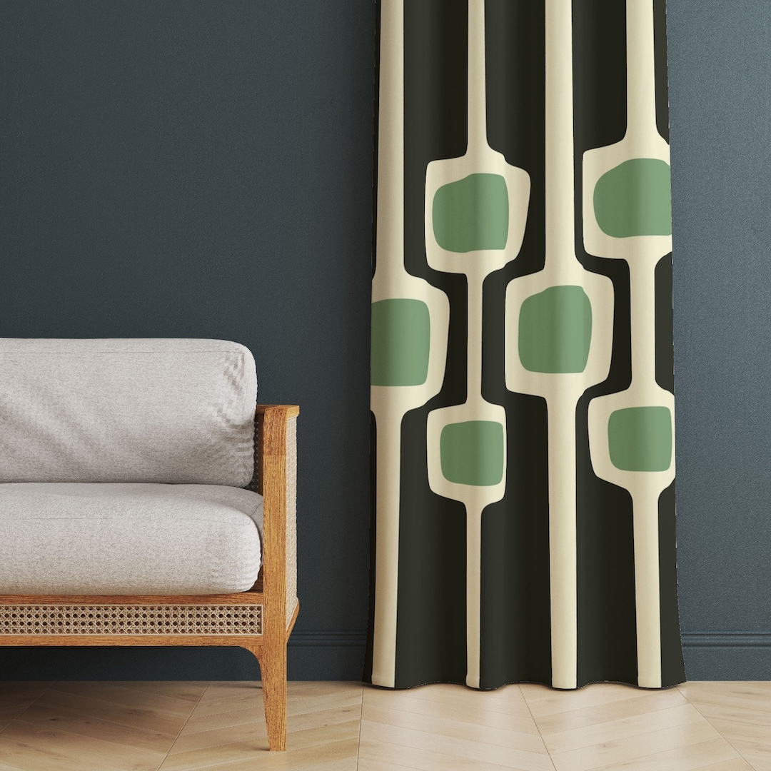 Green Retro Curtains, Black Retro Curtains, Mid Century Modern Curtain ...