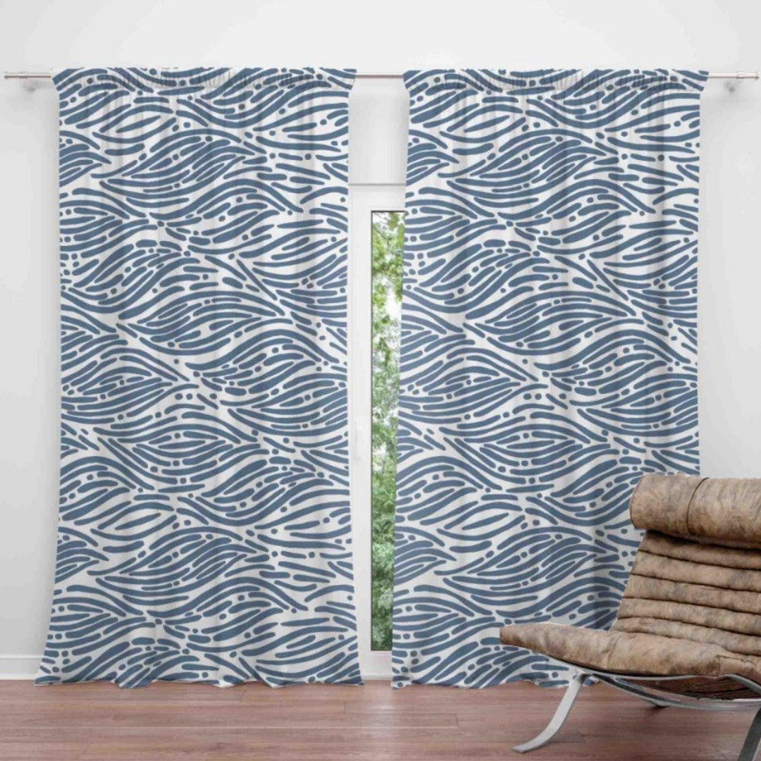 Sea Wave Patterned Coastal Decor Window Curtain, Maritime Elegance and ...