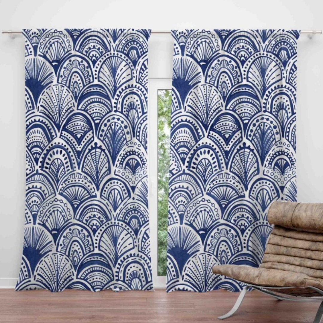 Blue Seashell Curtains, Blue Curtain for Nautical Decor, Beachside ...