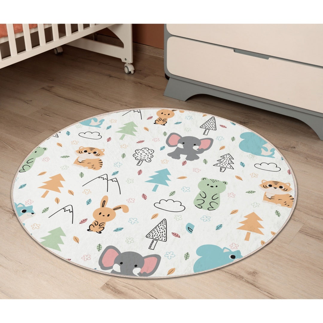 Woodland Nursery Rug, Woodland Nursery Mat, Cute Animals Patterned ...