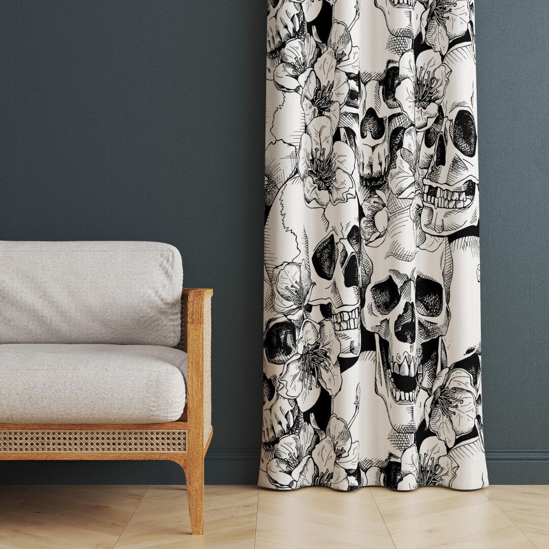Skull Patterned Black White Decorative Party Curtains, Halloween ...