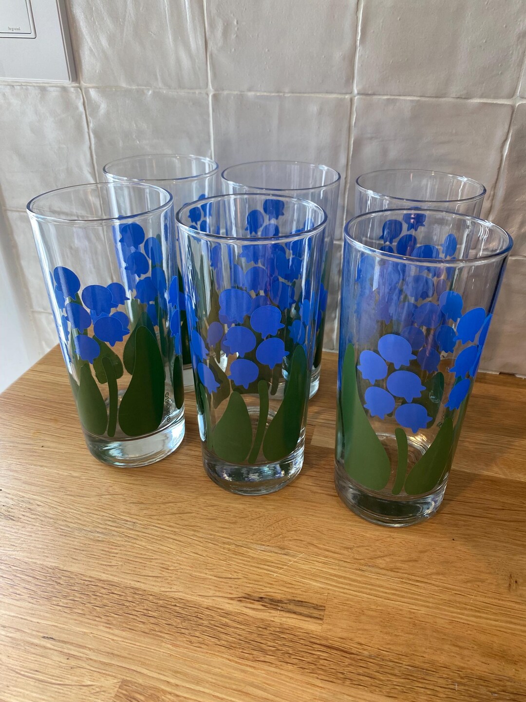 Vintage 1983 Nina CHD Blue Bell Flowers Glassware Tumblers // Set of ...