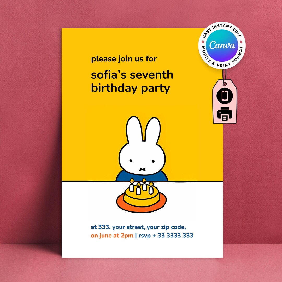 Miffy Birthday Party Invitation Instant Download Children's Digital ...