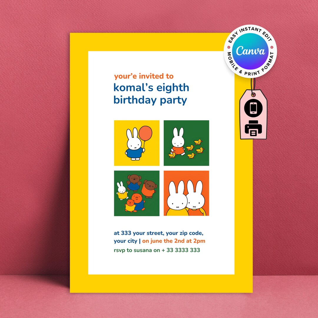 Miffy and Friends Birthday Party Invitation Template for Kids and ...