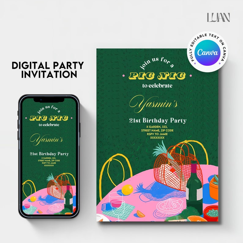 Pic Nic Party Invitation Template for Brunch Event Green Digital ...