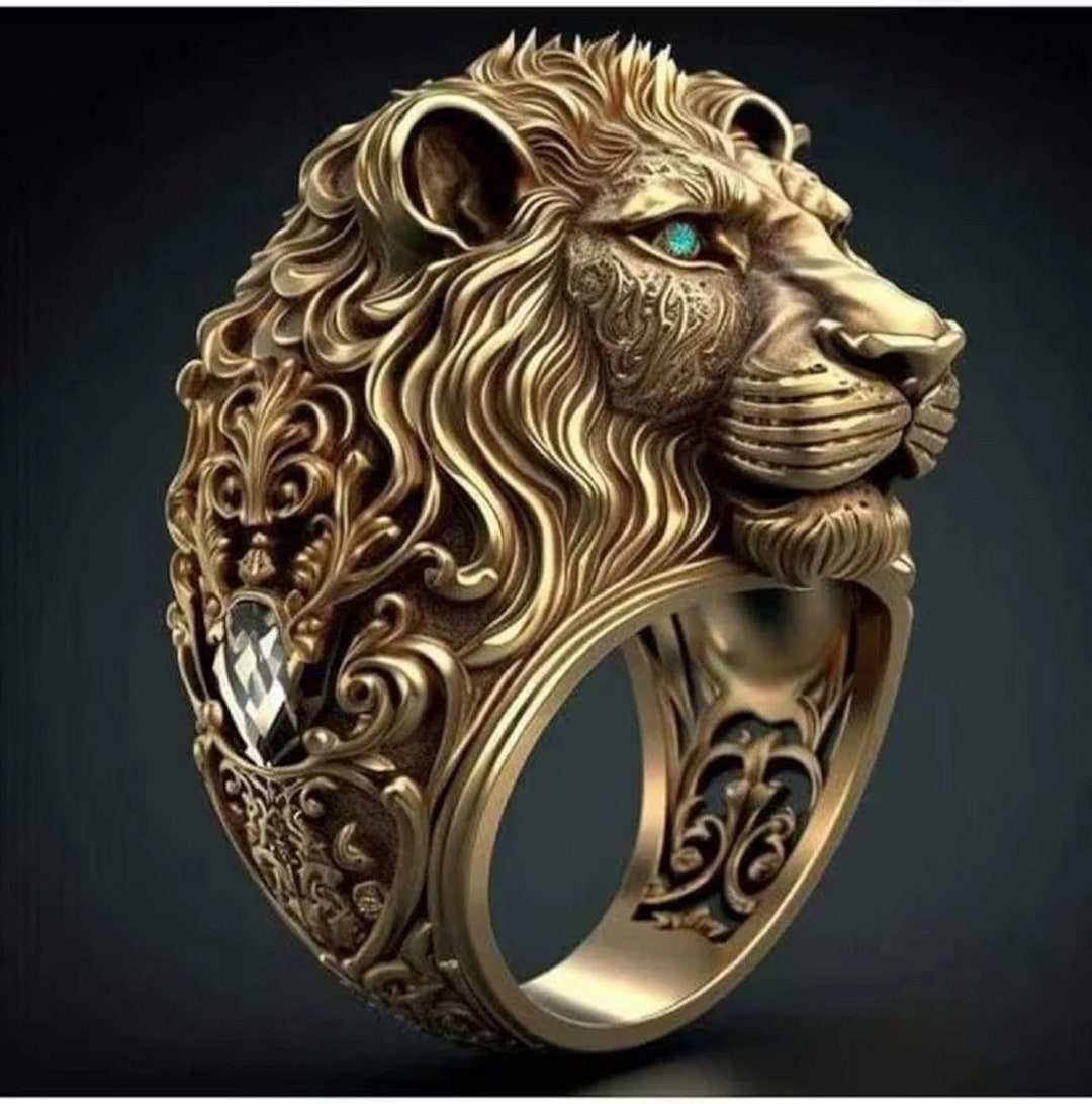 14k Gold Over Lion Ring, Men's Lion Ring, 3D Lion Head Ring, African ...