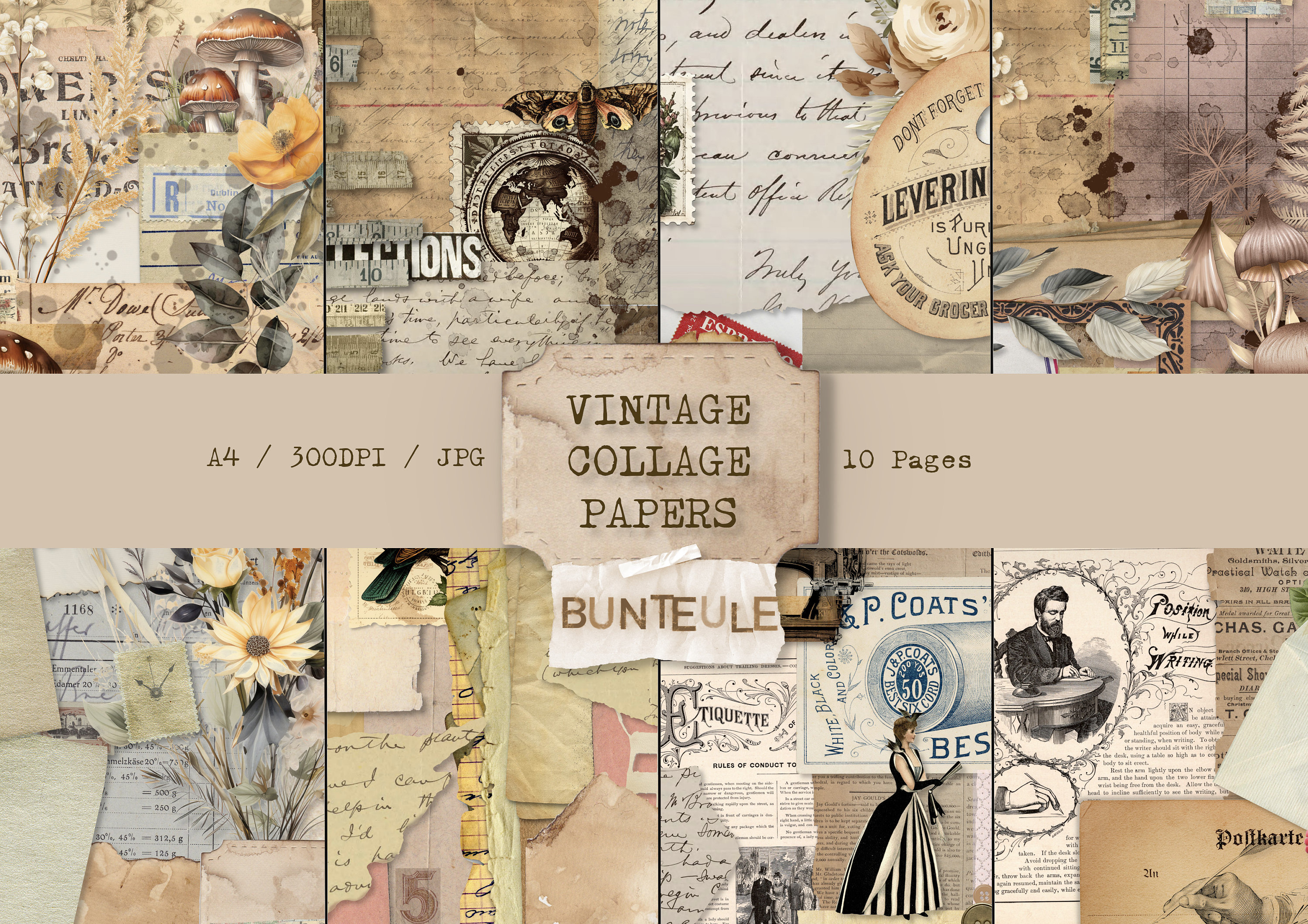 VINTAGE COLLAGE PAPERS - Printable, Digital Paper, Scrapbooking, Junk ...