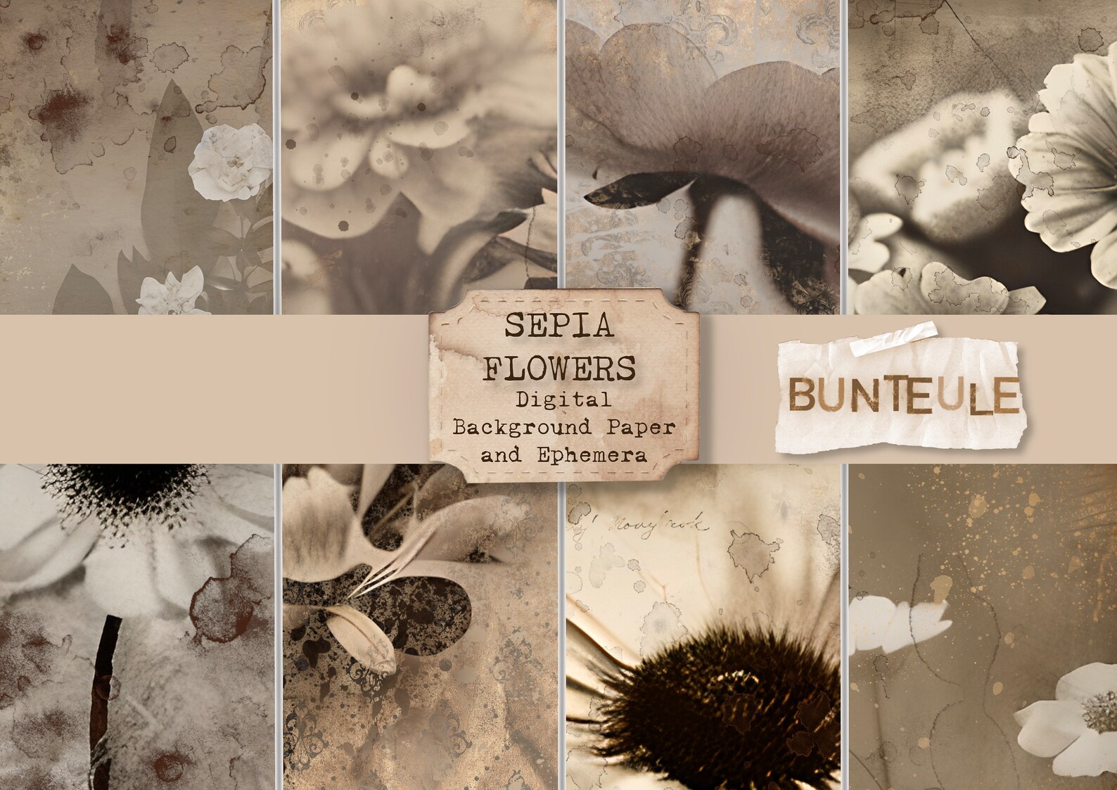 SEPIA FLOWERS Background Papers, Postcards, Ephemera, Printable ...