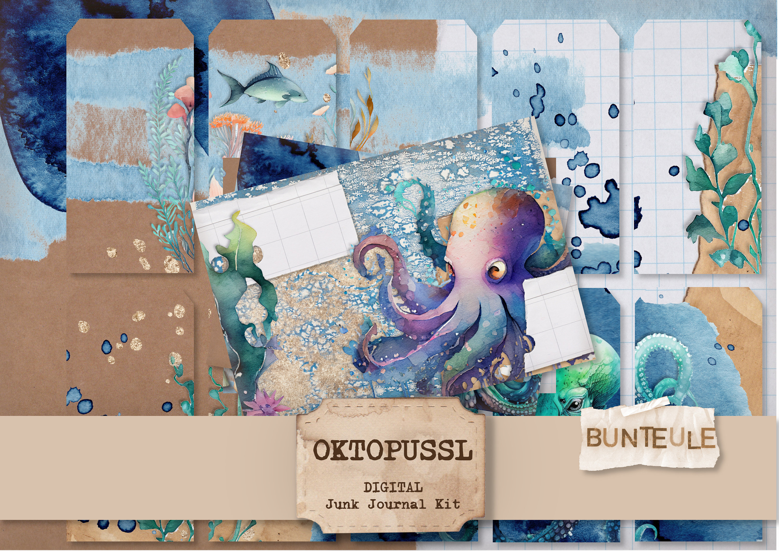 OCTOPUSSL Junk Journal Kit, Octopus Journal, Digital Scrapbooking Paper ...