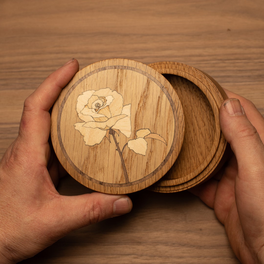 Unique Marquetry Box, Handcrafted of Solid Oak With Rose Inlay ...