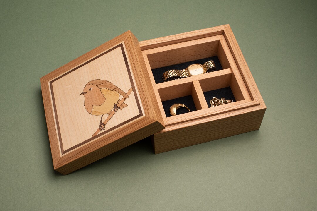 Trinket Box, Handcrafted of Solid Oak With Robin Marquetry Inlay ...