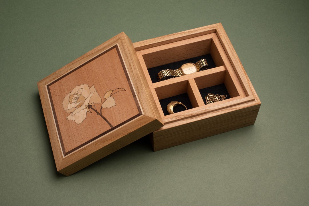 Marquetry Box, Handcrafted of Solid Oak With Rose Marquetry Inlay ...