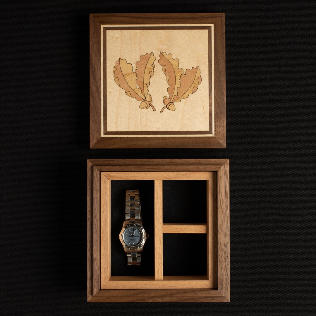 Marquetry Box, Handcrafted of Solid Walnut With Oak Leaf Marquetry ...