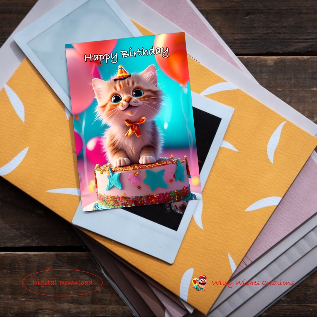 Funny Printable Happy Birthday Cat Greeting Card Instant Etsy