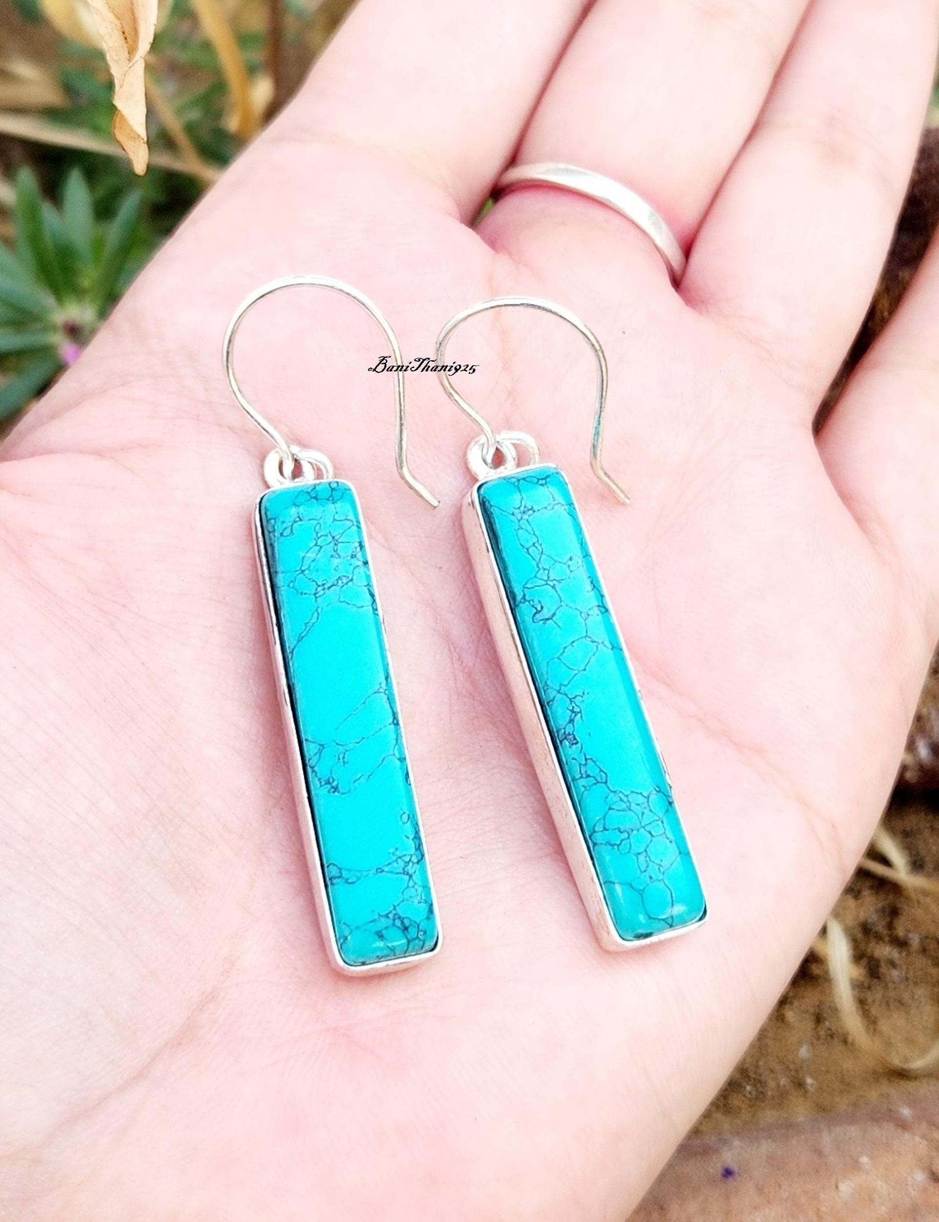 Natural Turquoise Dangle Earrings: Handmade 925 Sterling Silver - Etsy